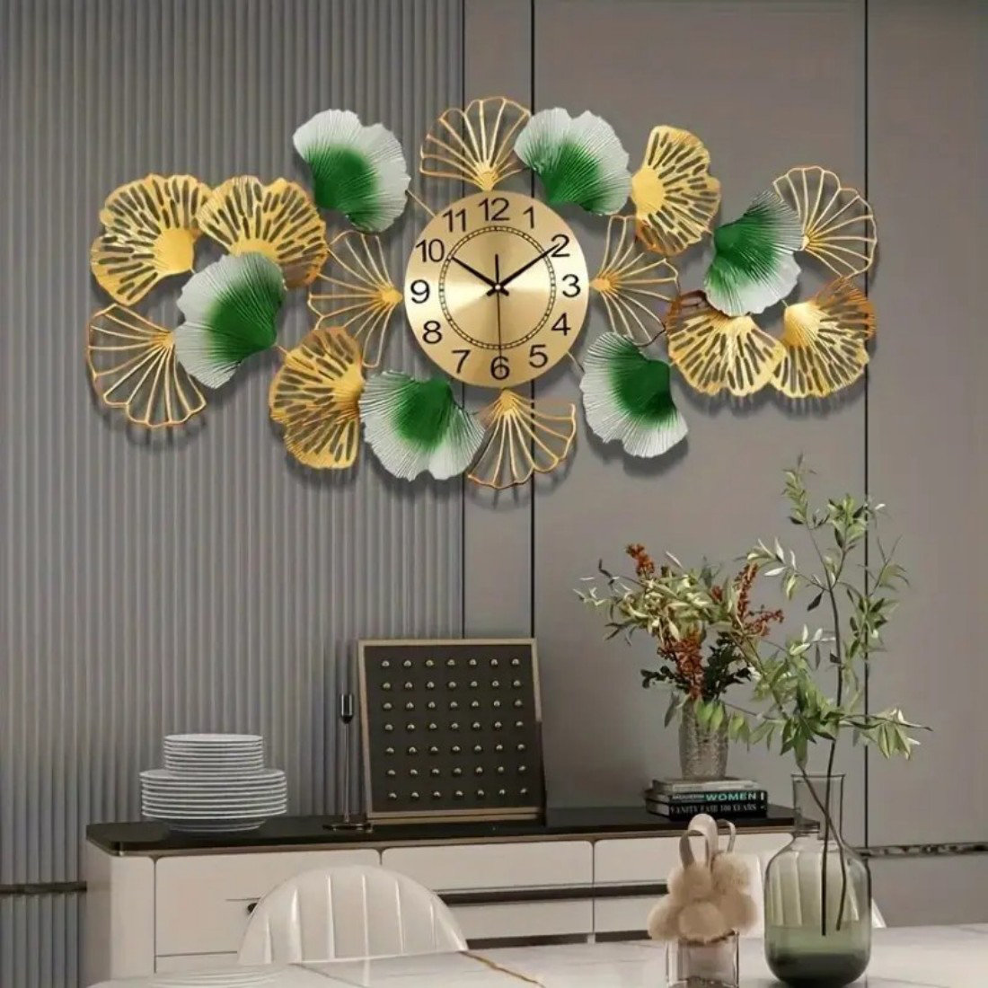 Everly Quinn Silent Metal Ginkgo Leaf Clock] 36 Inch Silent Non-Ticking Metal Ginkgo Leaf Wall ...